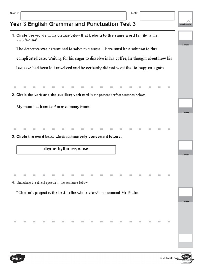 Year 3 Grammar and Punctuation Test 3 | PDF | English Grammar | Linguistics