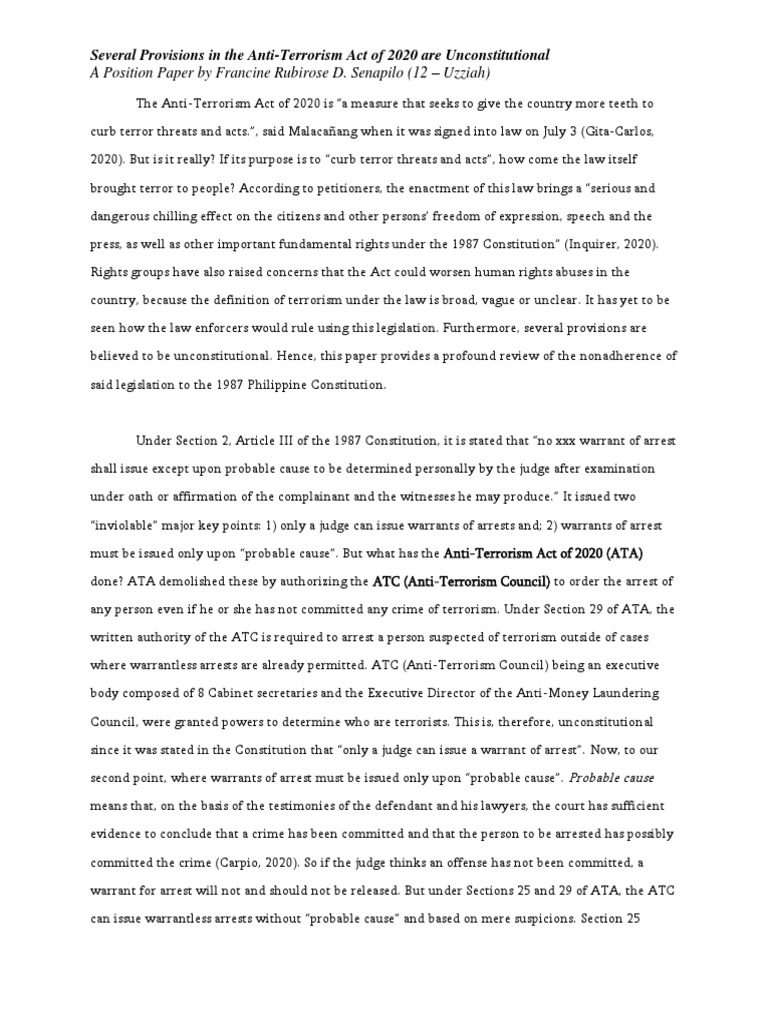Anti Terrorism Act of 2020 (Position Paper) | PDF | Probable Cause | Arrest