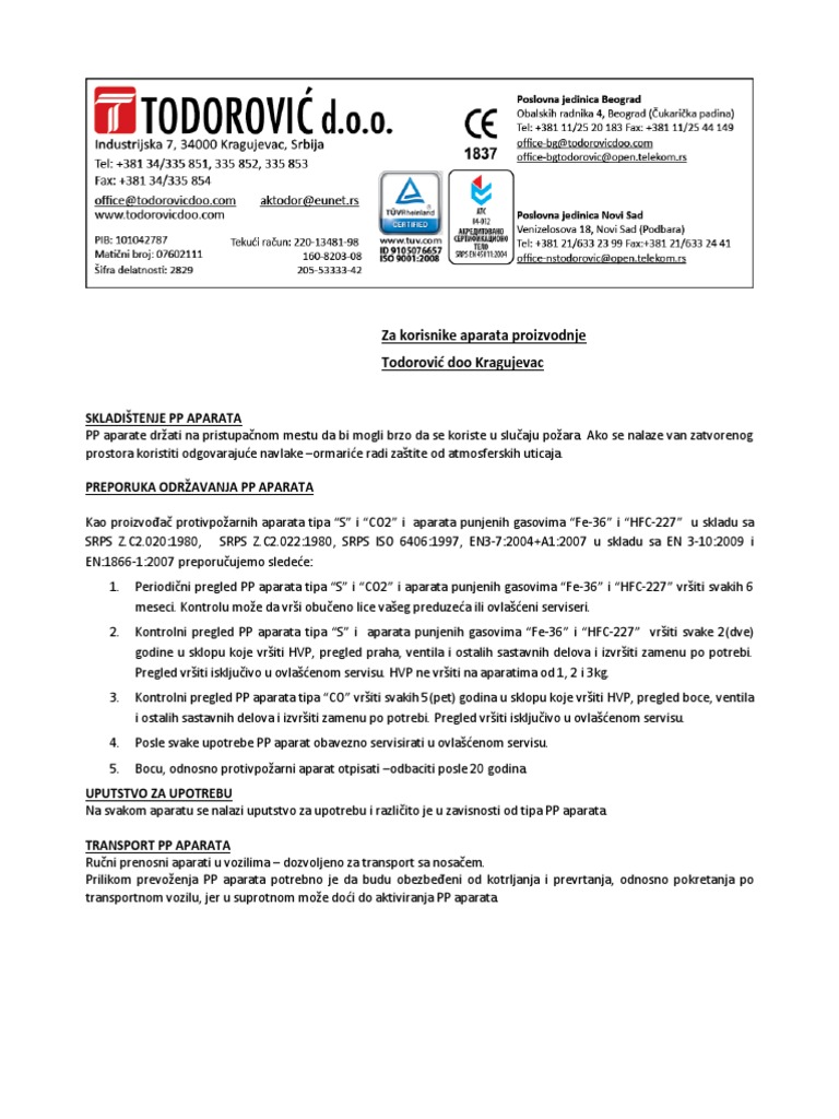 Preporuka Odrzavanja Aparata Za Korisnike Aparata Todorovic | PDF