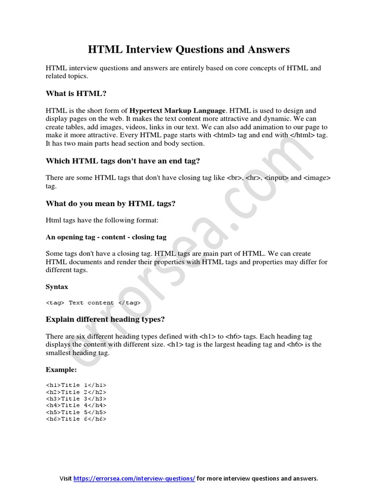 HTML Interview Questions and Answers For Experienced and Freshers | PDF ...