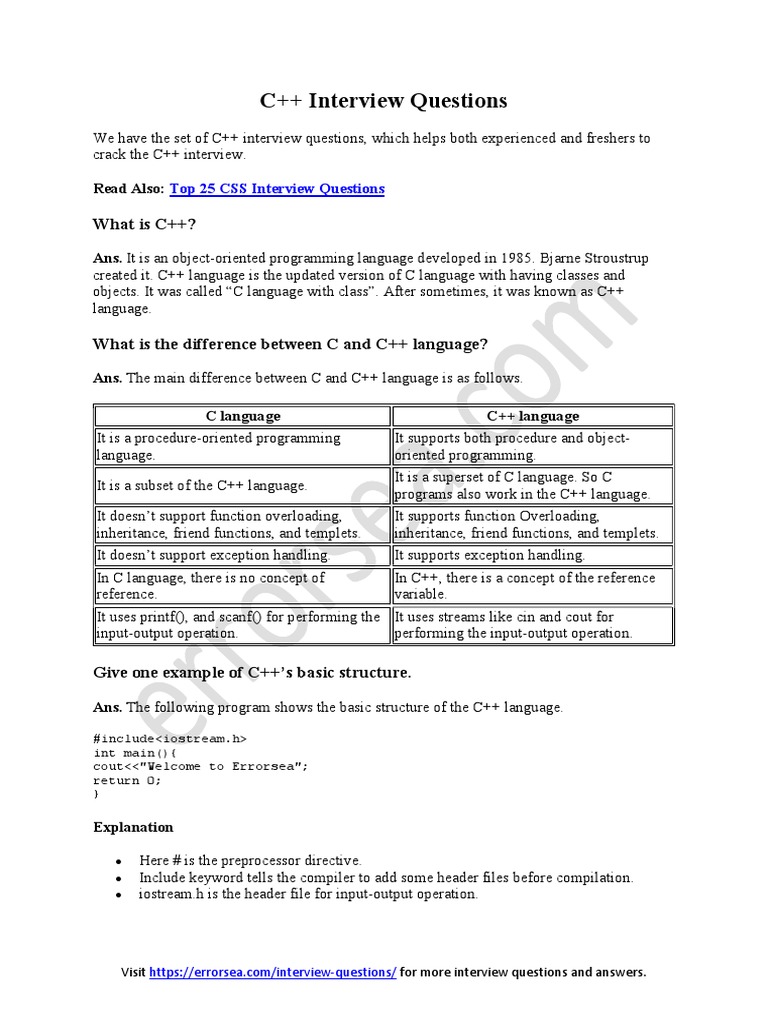 Cpp Interview Questions And Answers For Experienced Pdf C Method Computer Programming