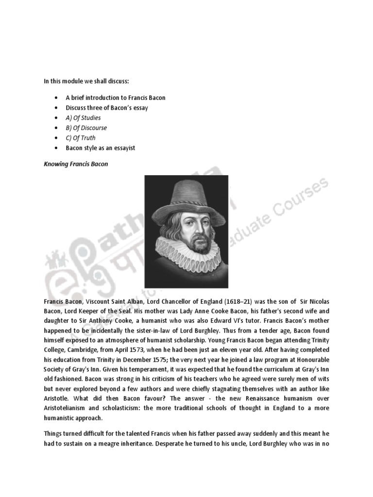 A) of Studies B) of Discourse C) of Truth: Knowing Francis Bacon | PDF ...