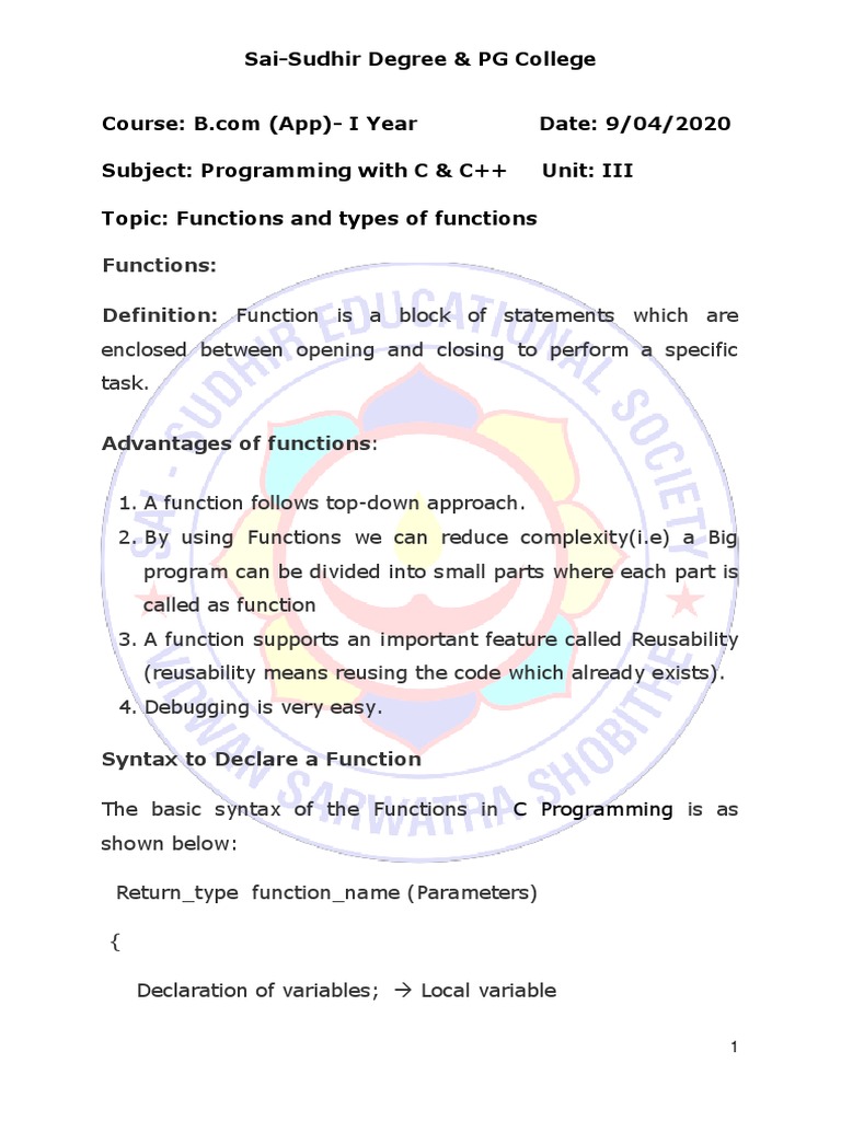 Functions: Definition: Function Is A Block of Statements Which Are ...