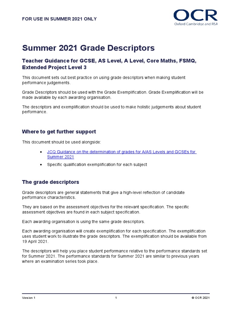 Summer 2021 Grade Descriptors: Teacher Guidance For GCSE, AS Level, A ...