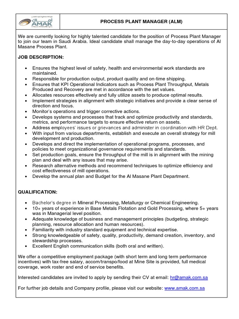 Process Plant Manager | PDF | Employment | Human Resources