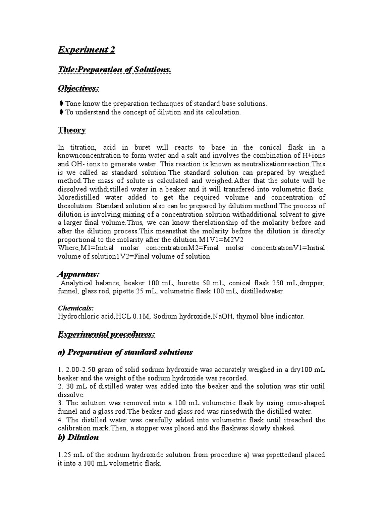 Experiment 2: Title:Preparation of Solutions. Objectives | PDF ...
