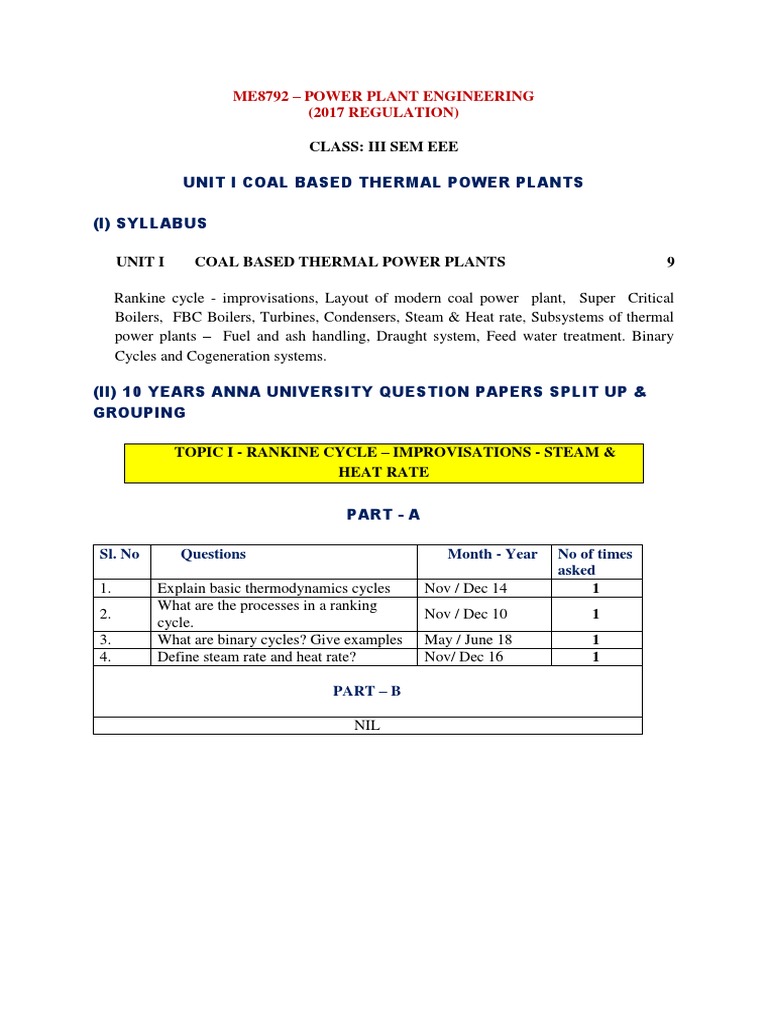Class: Iii Sem Eee: Unit I Coal Based Thermal Power Plants (I) Syllabus ...