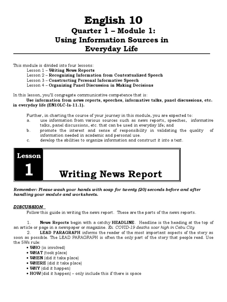 English 10 Quarter 1 Module 1 | PDF | News | Cognition