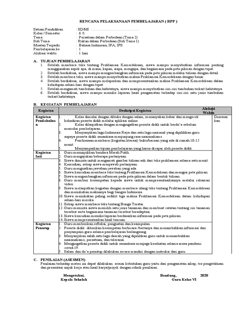 RPP Daring Kelas 6 Tema 2 ST 1 | PDF