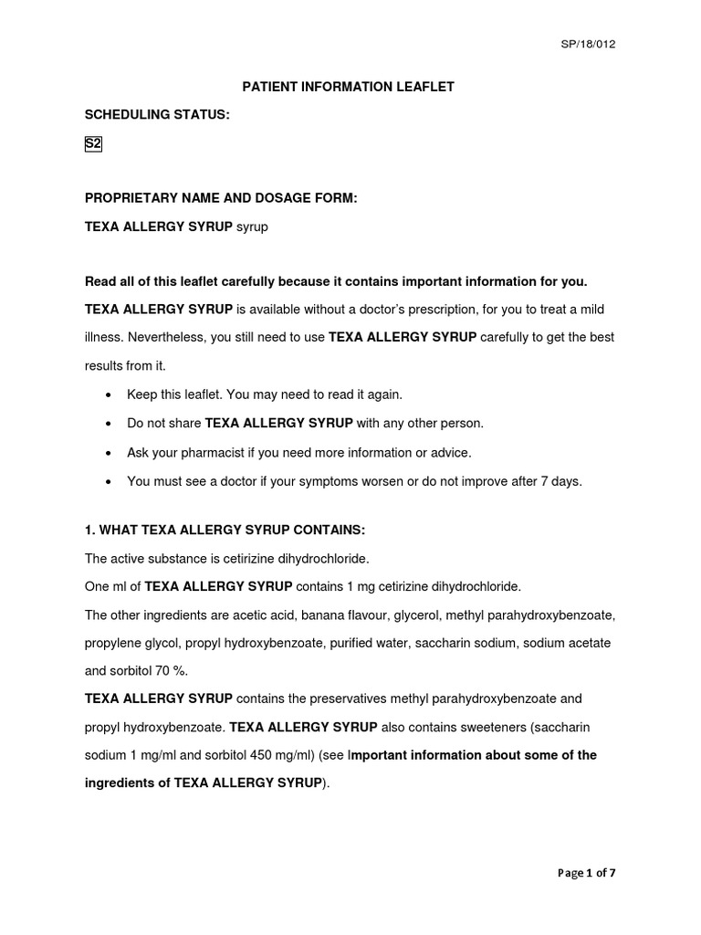 Texa Allergy Syrup: Usage & Dosage Guide | PDF | Allergy | Medicine