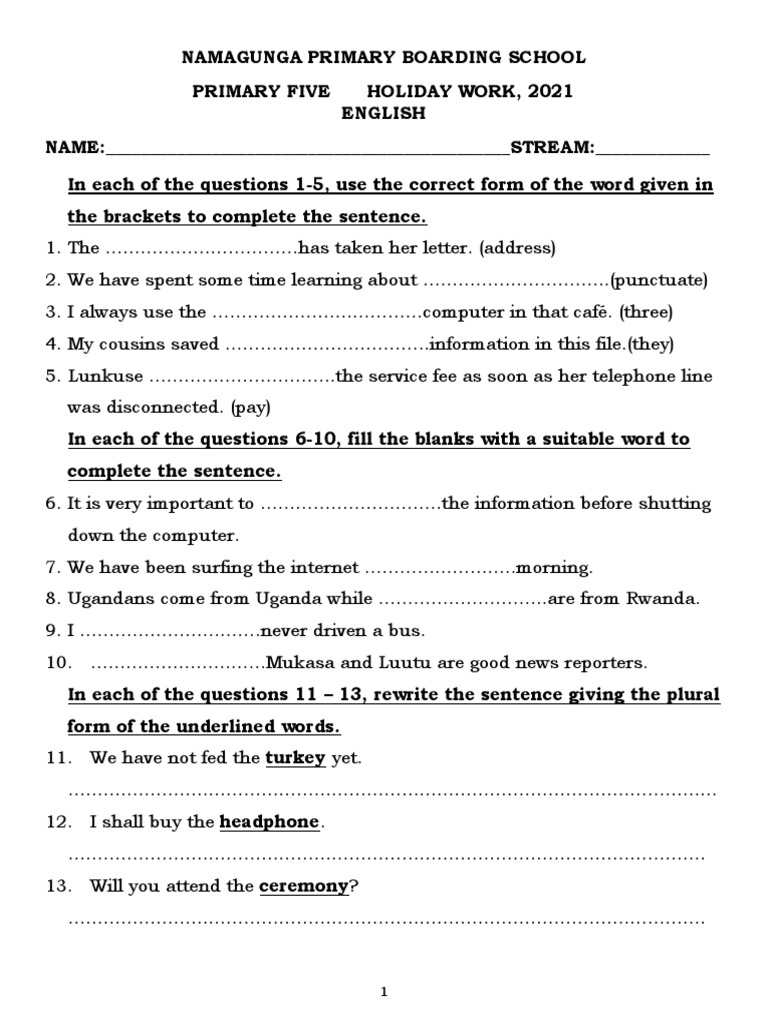 Primary Five English Holiday Work 2021 | PDF