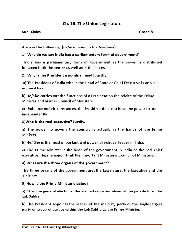 CHP 16 The Union Legislature | PDF | Government Of India | Government