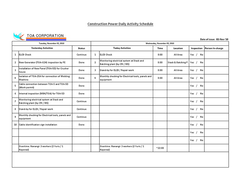 Daily Construction Power Schedule | PDF