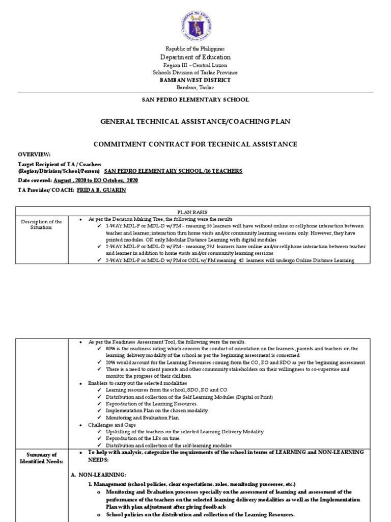 Department of Education: General Technical Assistance/Coaching Plan ...