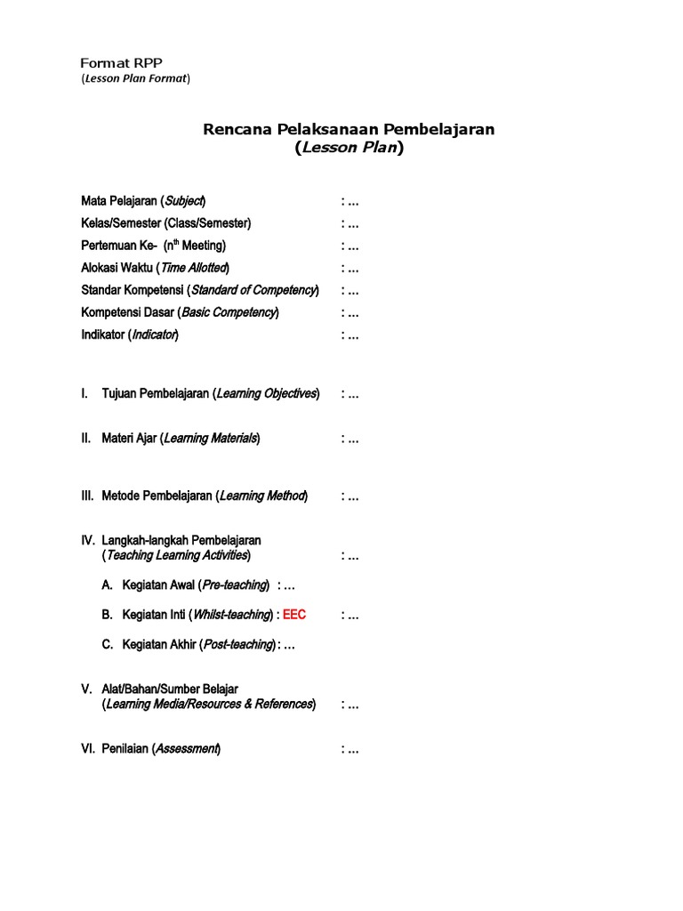 Rencana Pelaksanaan Pembelajaran (Lesson Plan) : Format RPP | PDF