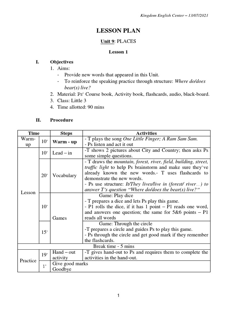 Lesson Plan: Unit 9: PLACES Lesson 1 I. Objectives | PDF | Pedagogy | Communication