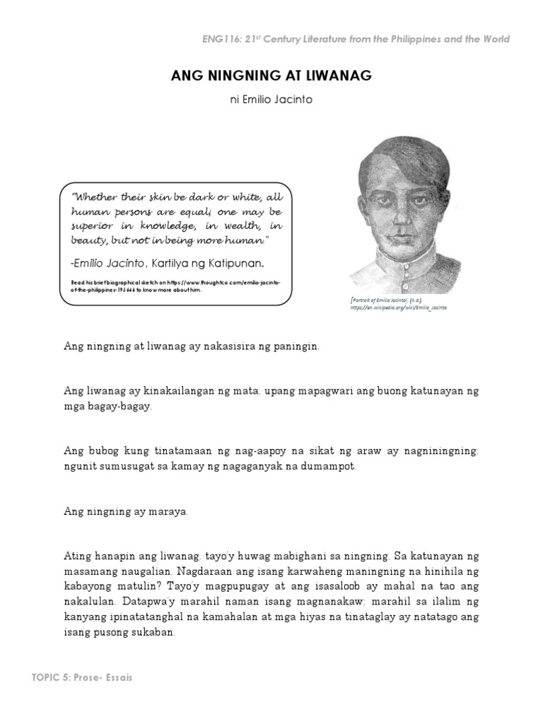 Ang Ningning at Ang Liwanag Ni Emilio Jacinto | PDF