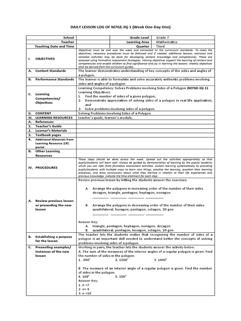 Daily Lesson Log of M7Ge-Iiij-1 (Week One-Day One) : Additional ...