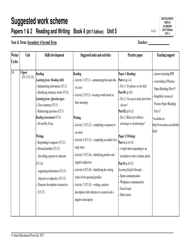 Suggested Work Scheme: Papers 1 & 2 Reading and Writing Book 4 Unit 5 ...