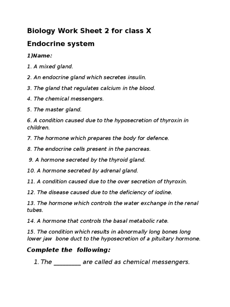 Endocrine System Worksheet 1 Answers Endocrine System Worksheet: