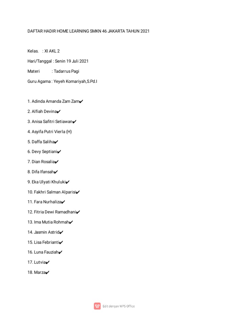 Absensi Tadarus-XI AKL 2 | PDF