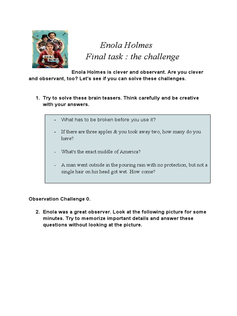 Enola Holmes Observation Challenge | PDF | Language Arts & Discipline ...