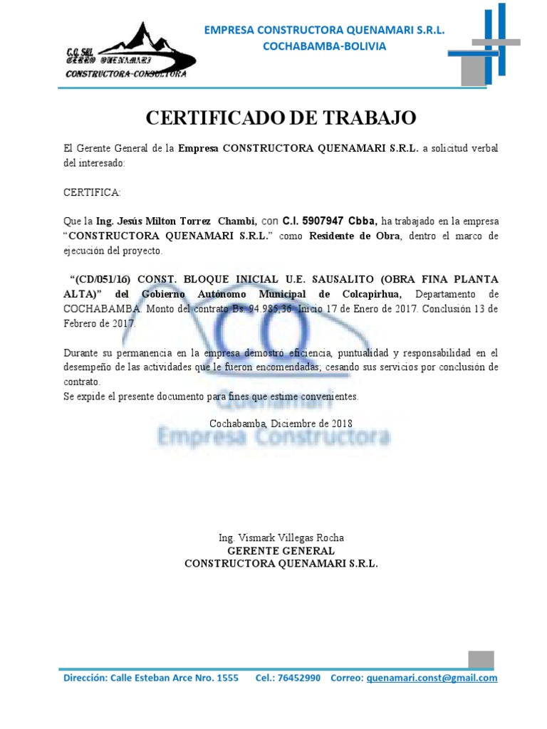 Certificado trabajo ingeniero constructor | PDF
