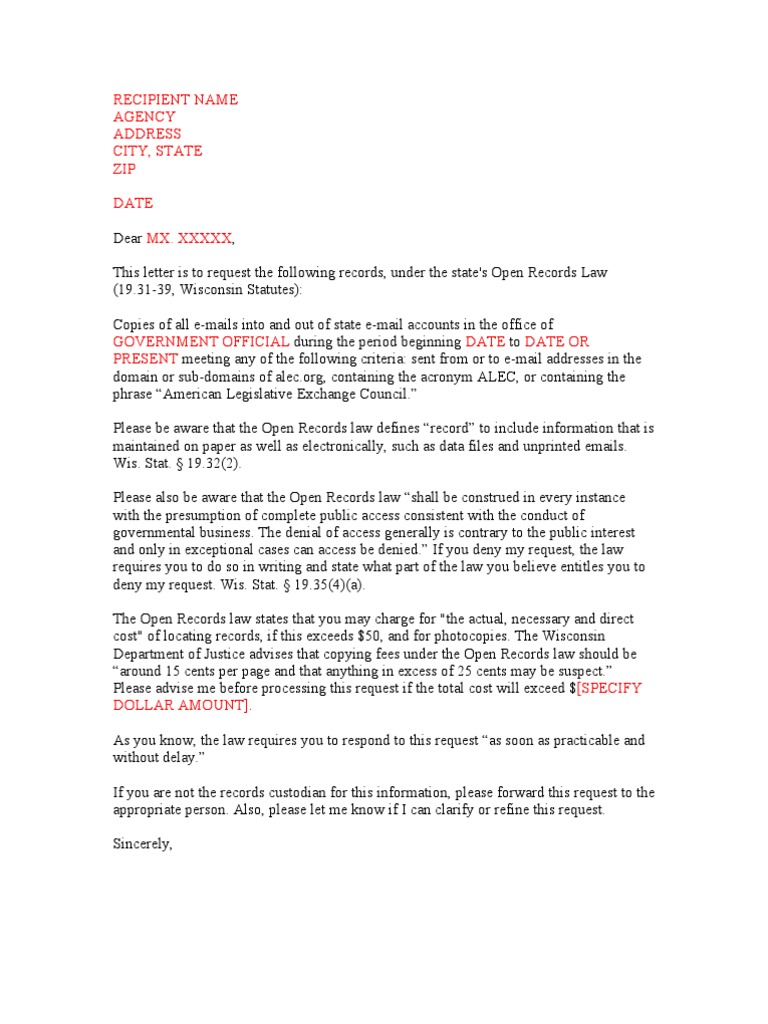Wisconsin Open Records Letter | PDF