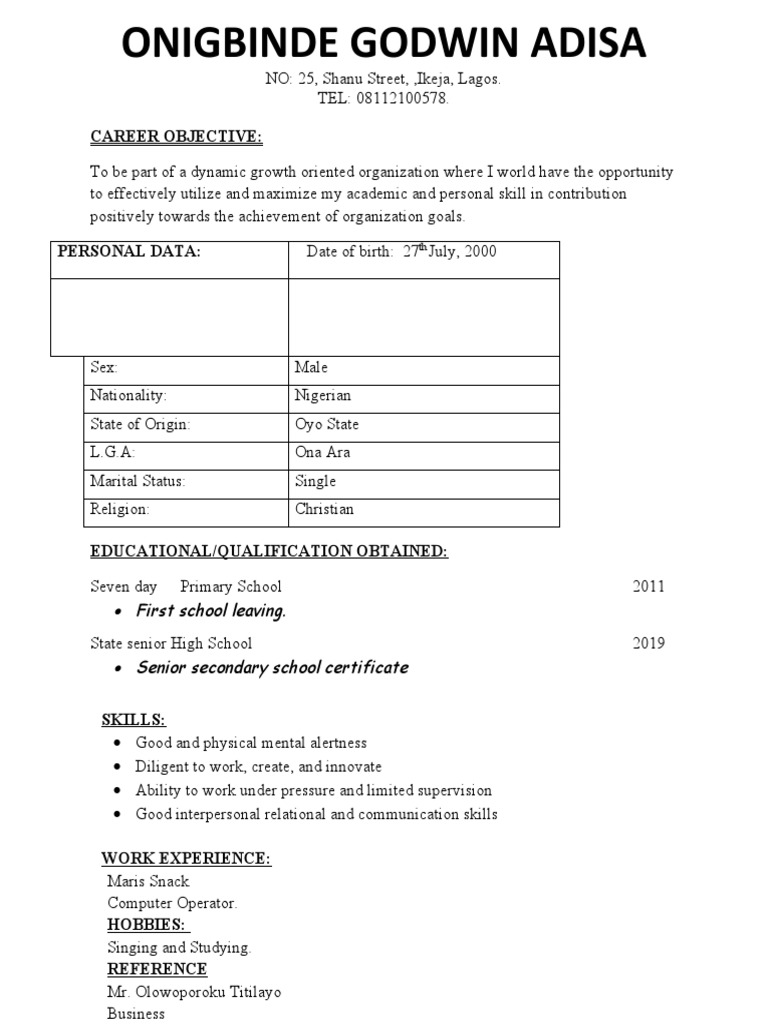 Resume of Onigbinde Godwin Adisa | PDF | Self-Improvement | Wellness