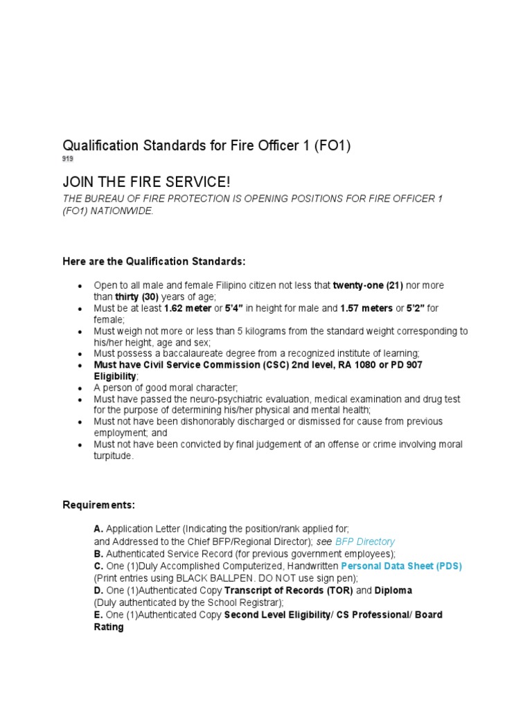 Qualification Standards For Fire Officer 1 (FO1) Join The Fire Service ...