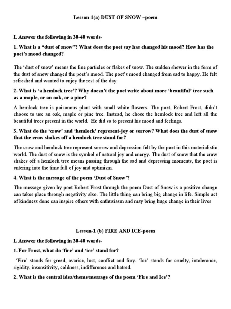 Ls-1.2 Poems - DUST OF SNOW - FIRE AND ICE | PDF | Hatred | Greed