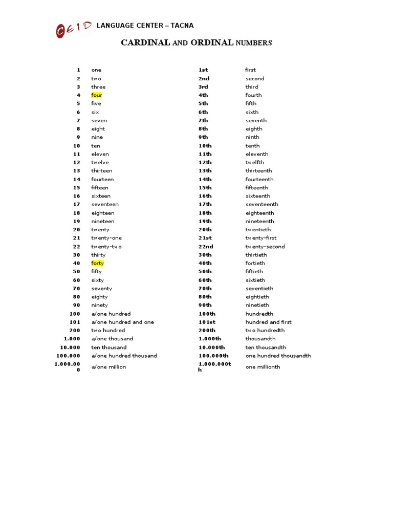 Cardinal Ordinal: Language Center - Tacna | PDF