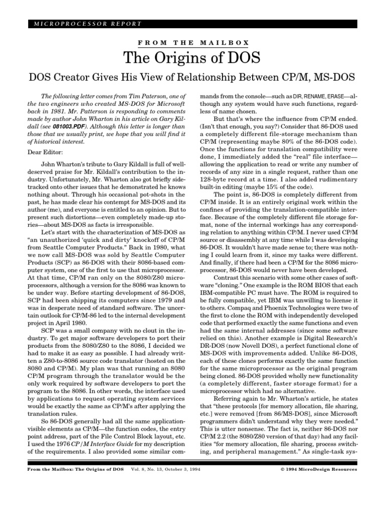 From The Mailbox: The Origins of DOS - Tim Paterson | PDF | Operating ...