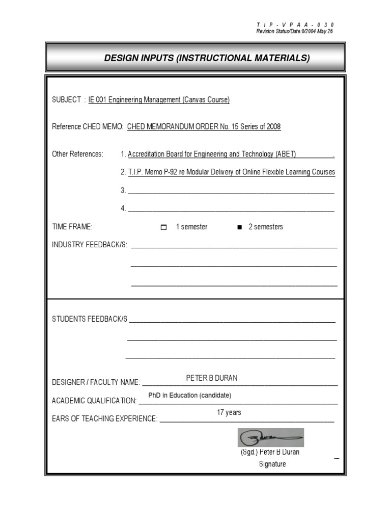 IE 001 Canvas Course Design Inputs | PDF | Engineering | Academia