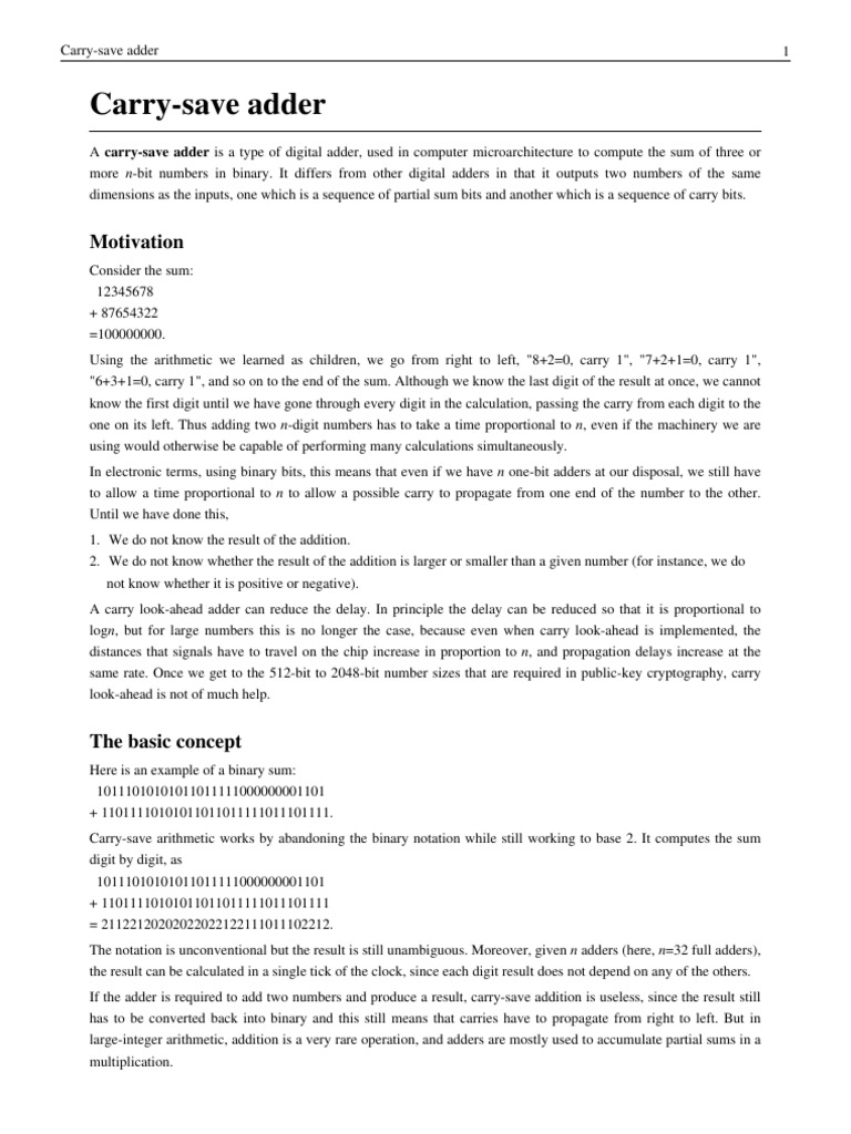 Carry-Save Adder: Motivation | PDF