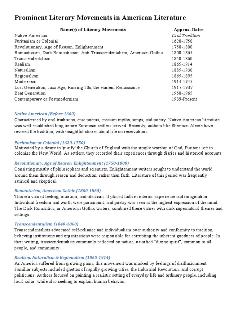 Literary Movements in America | PDF | Romanticism | American Literature