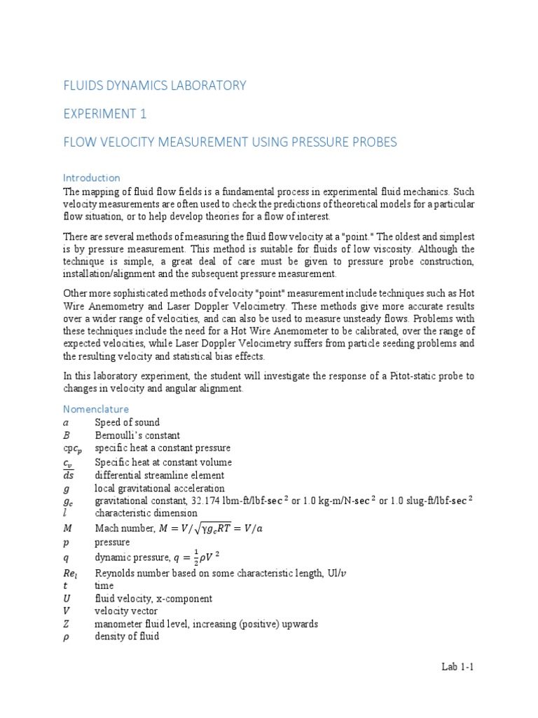 Lab 1 - Flow Velocity Measurement Using Pressure Probes v2 | PDF ...
