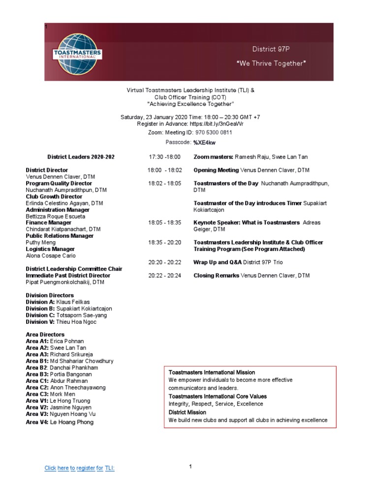 Virtual Toastmasters Leadership Institute (TLI) TLI - COT Agenda ...