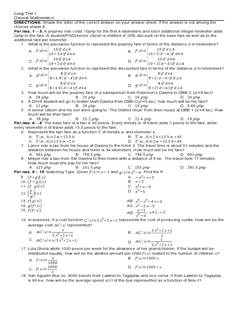 1st Long Quiz q1 | PDF | Function (Mathematics) | Mathematical Objects