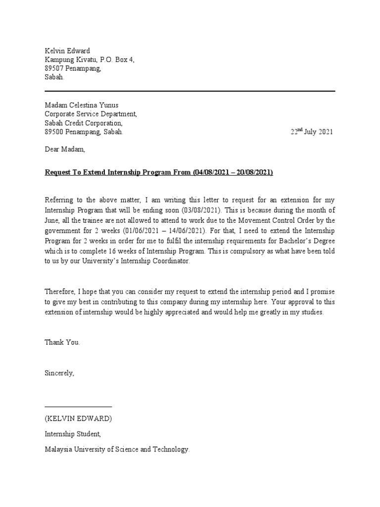 Letter of Internship Extension - Kelvin Edward | PDF