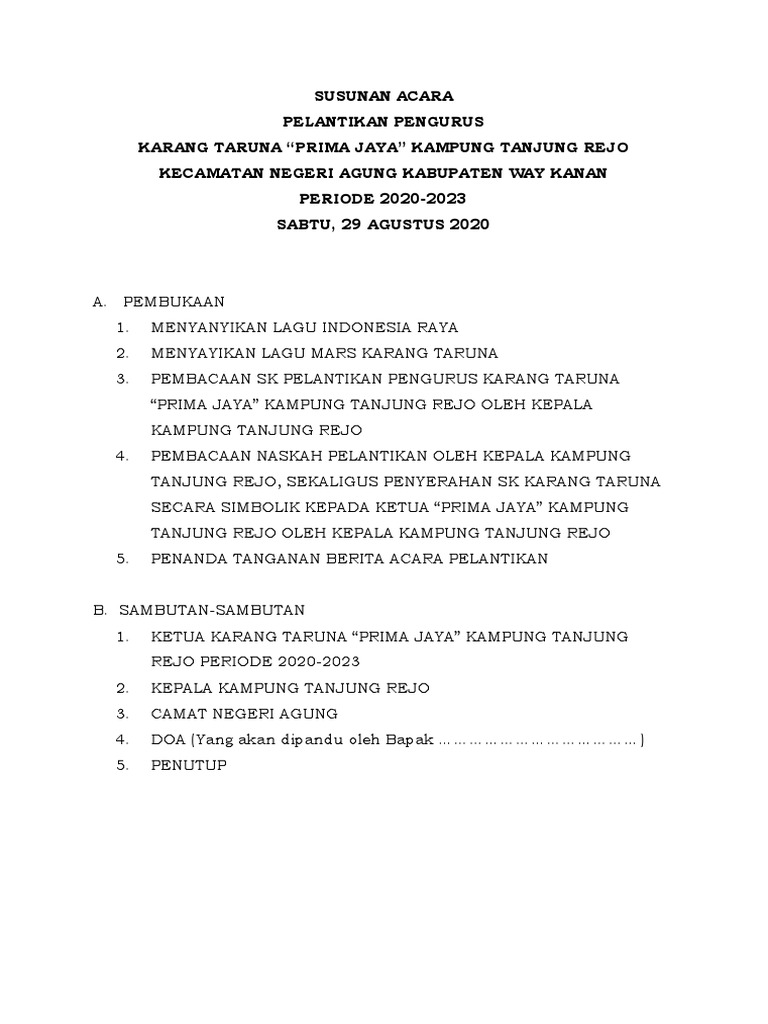 Susunan Acara Pelantikan Karang Taruna | PDF Susunan Acara Pelantikan Karang Taruna | PDF
