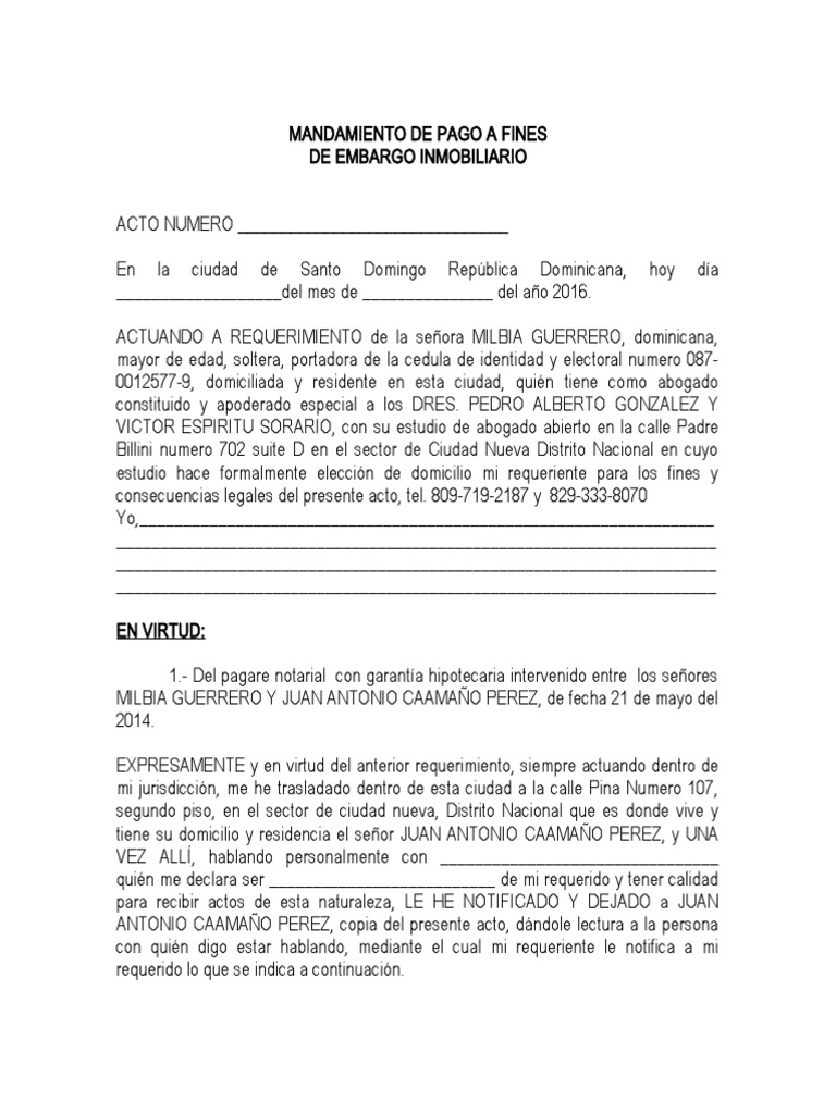 Mandamiento de Pago A Fines de Embargo Inmobiliario-1 | PDF | Hipoteca ...