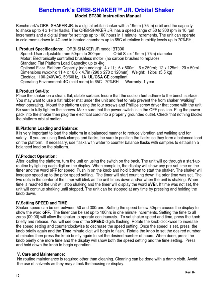 Benchmark's ORBI-SHAKER™ JR. Orbital Shaker: Model BT300 Instruction ...
