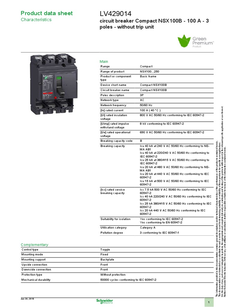 Product Data Sheet: Circuit Breaker Compact NSX100B - 100 A - 3 Poles ...