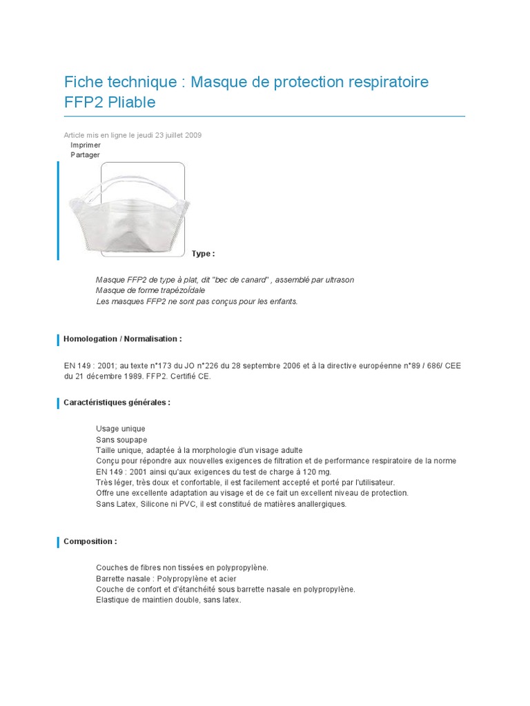 Fiche Technique - Masque de Protection Respiratoire FFP2 Pliable | PDF ...