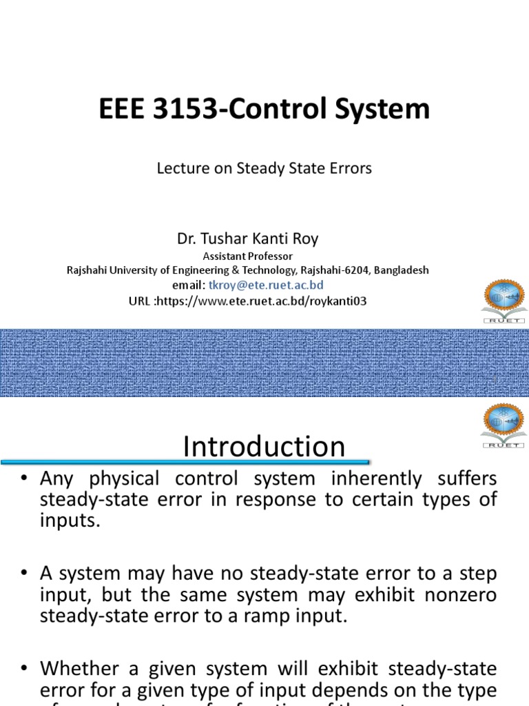 Eee 3153 Control System Lecture On Steady State Errors Pdf Feedback Control Theory