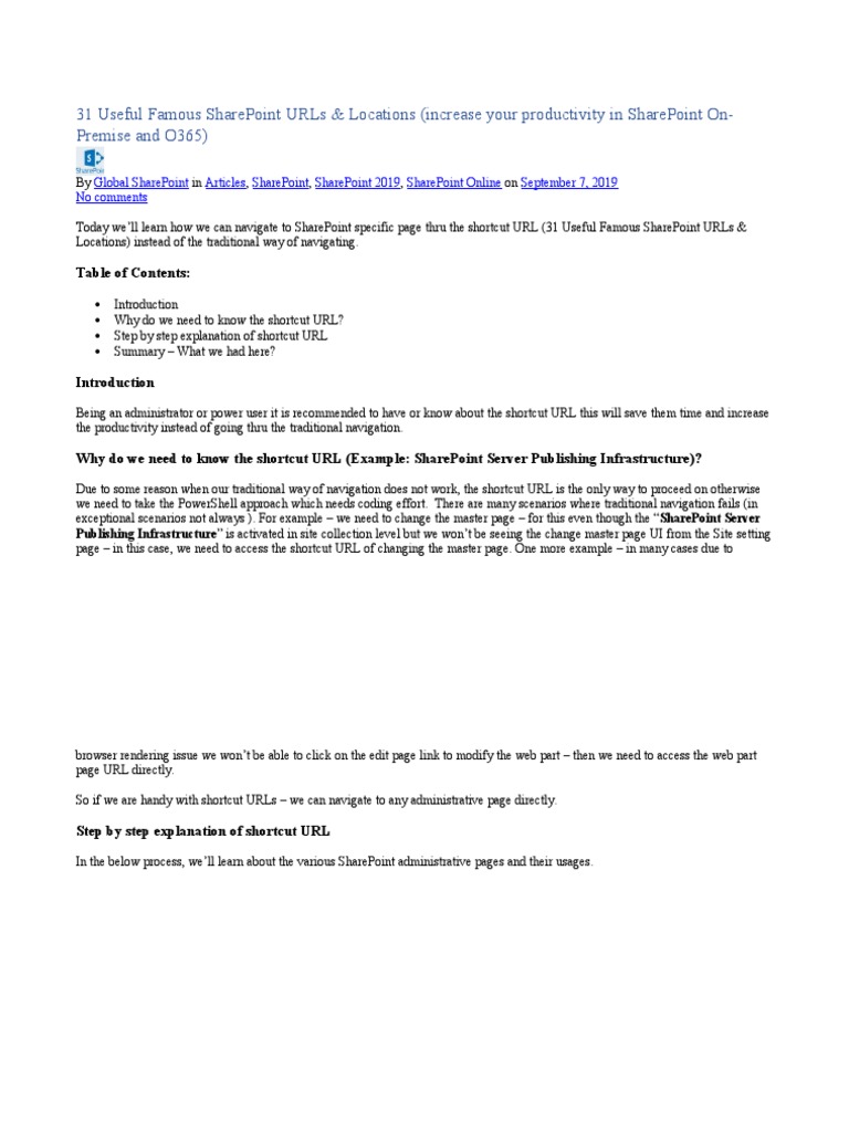 31 Famous Sharepoint URLs & Locations | PDF | Share Point | Internet & Web