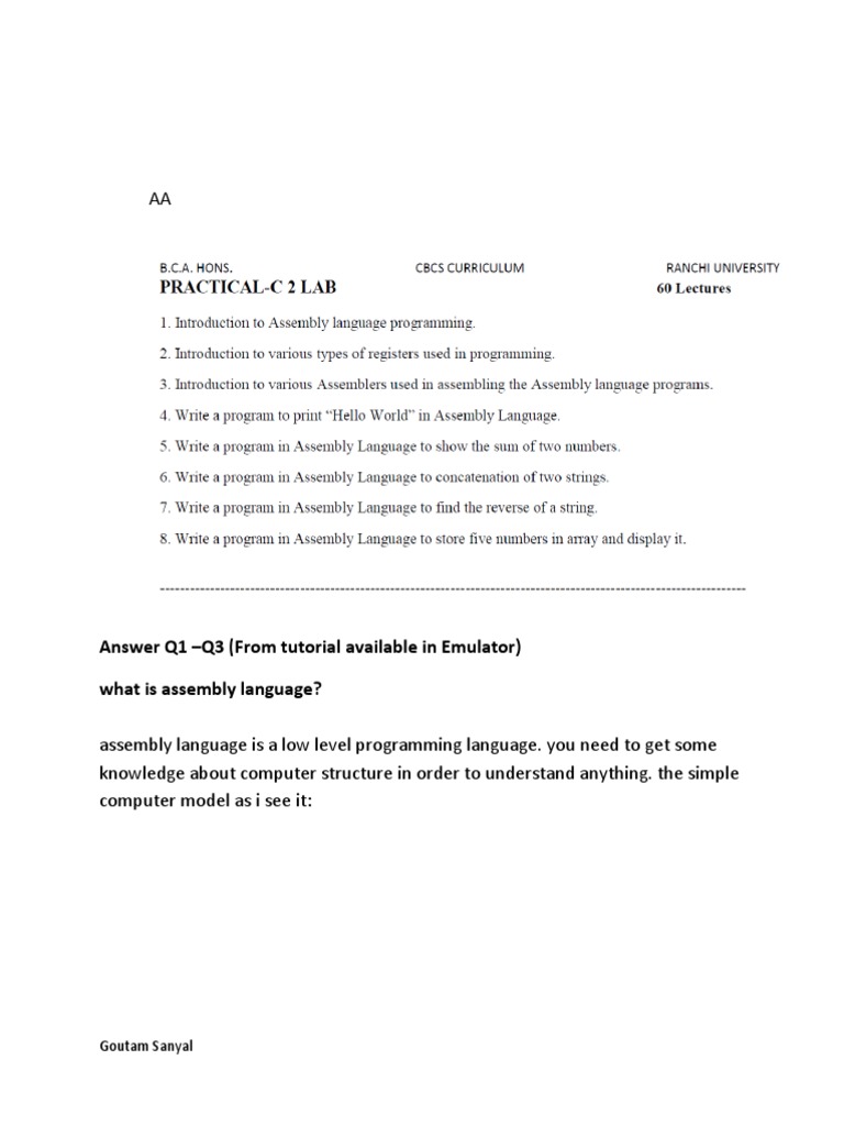 Answer Q1 Q3 From Tutorial Available In Emulator What Is Assembly Language Pdf Assembly 