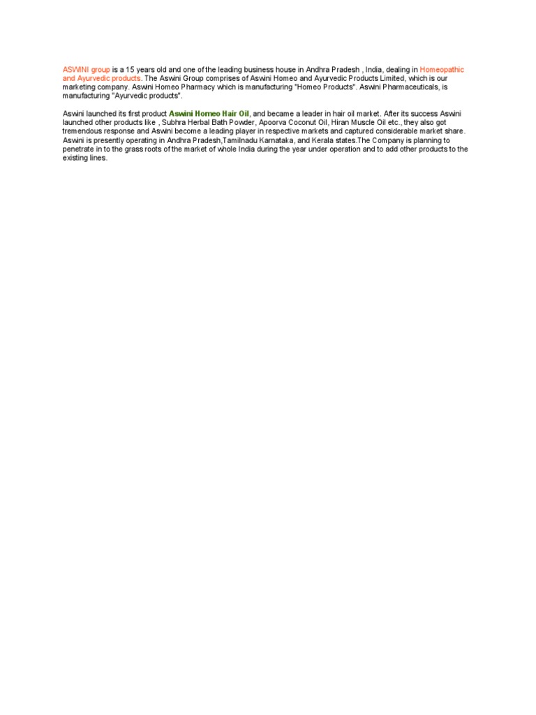Aswini Group: Leading Ayurvedic & Homeopathic Products in India | PDF