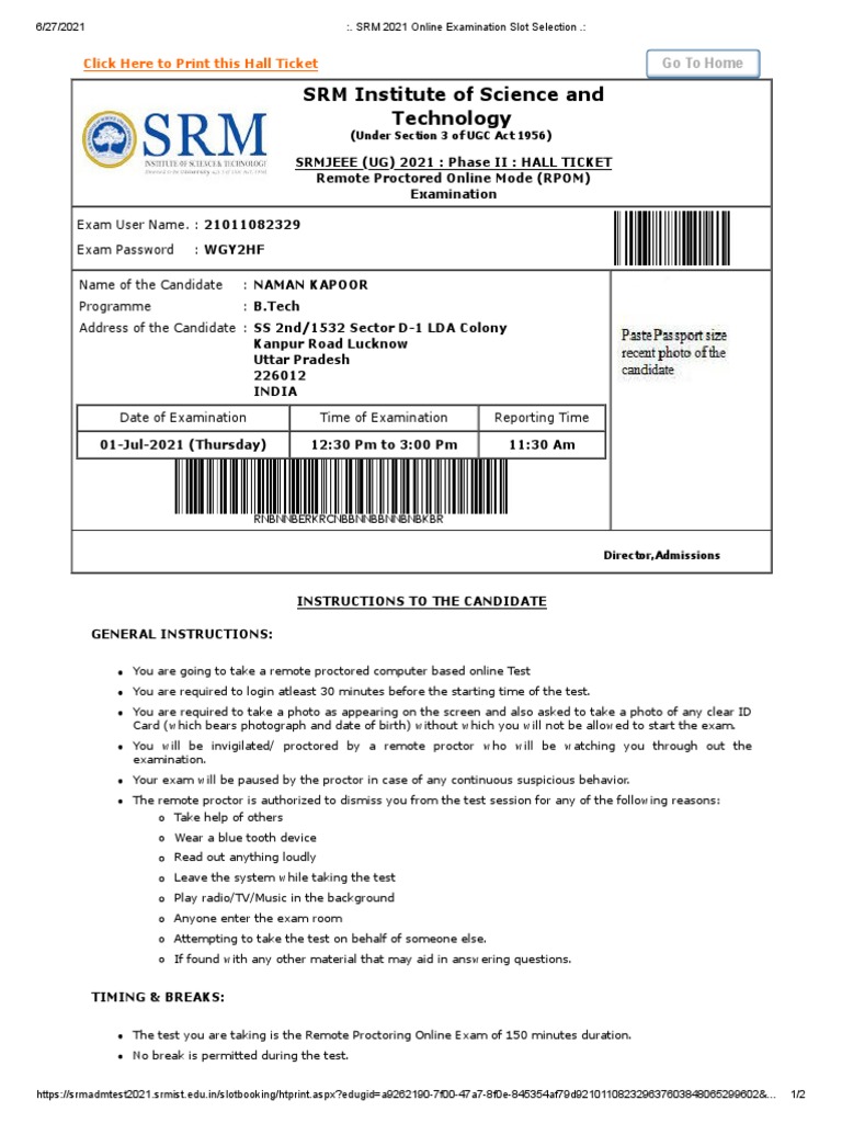 SRM 2021 Online Examination Slot Selection | PDF | Test (Assessment ...